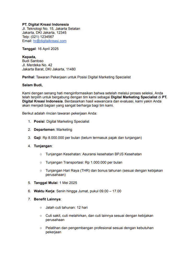 Contoh Offering Letter Serta Komponen, Tahap, & Template Gratis - KantorKu