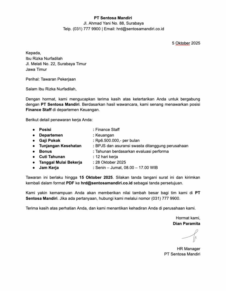 10 Contoh Offering Letter Word & PDF, Boleh Copas! - KantorKu