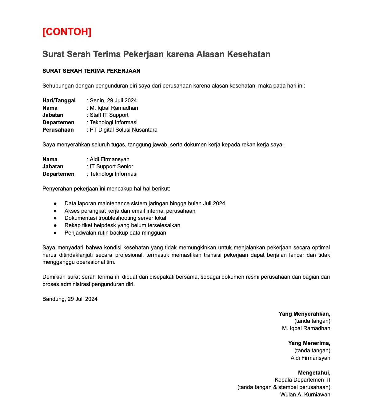Download 5 Contoh Surat Serah Terima Pekerjaan karena Resign, Format ...